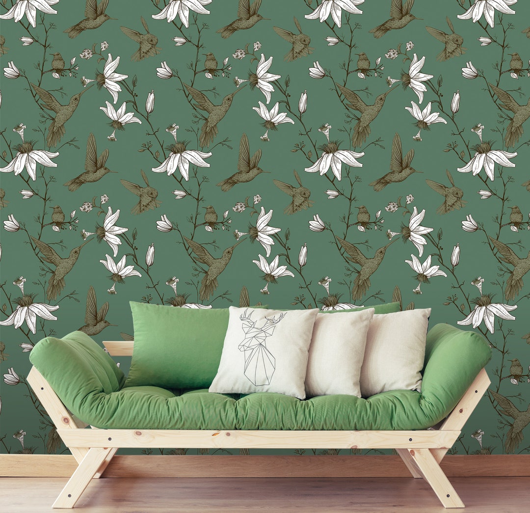 Retro Green Wallpaper, Self Adhesive, Peel and Stick Wallpaper, Flowers ...