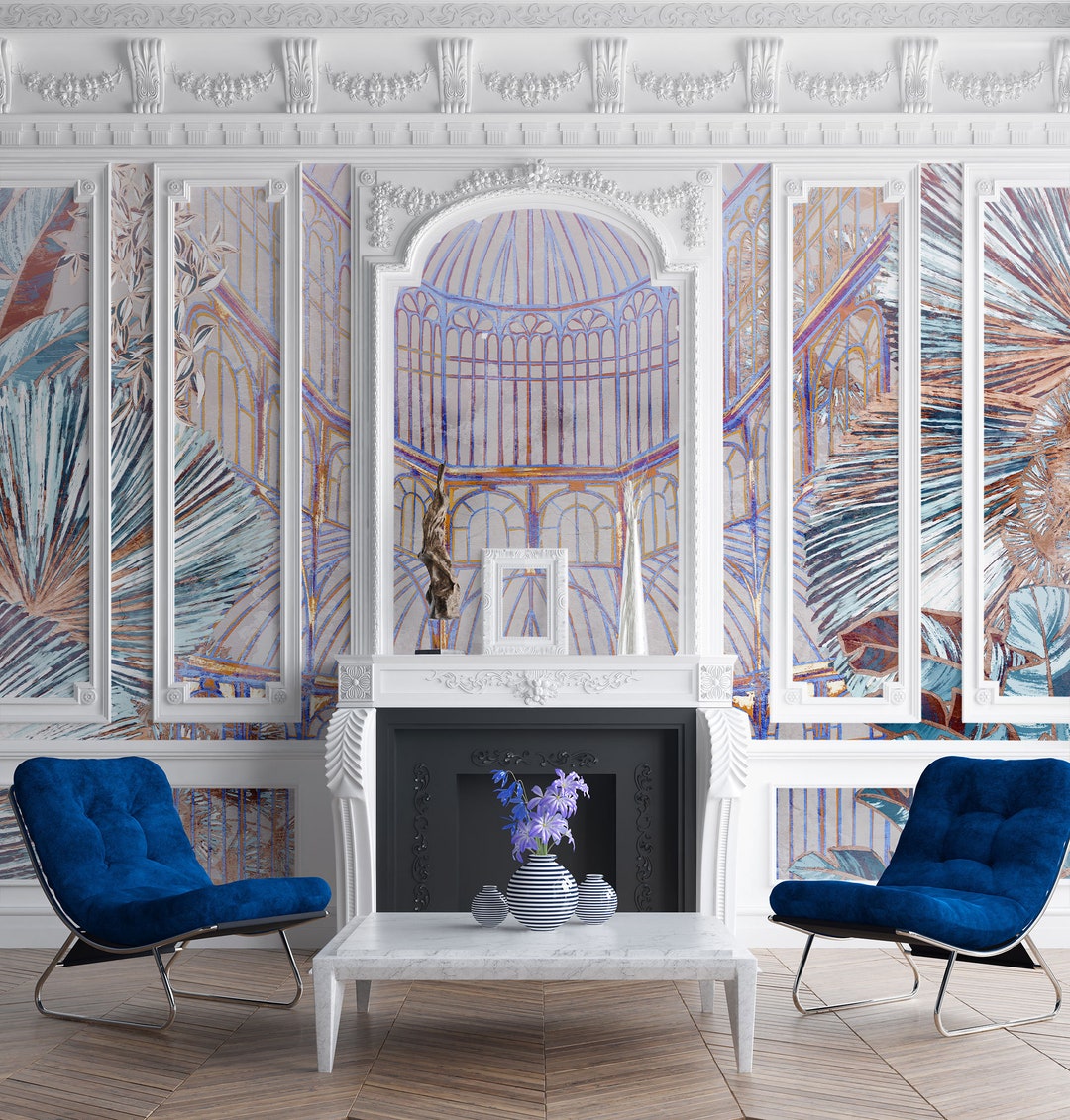 Retro Wallpaper, Building Drawing, Palm Leaves, Vintage Art Wall Mural ...