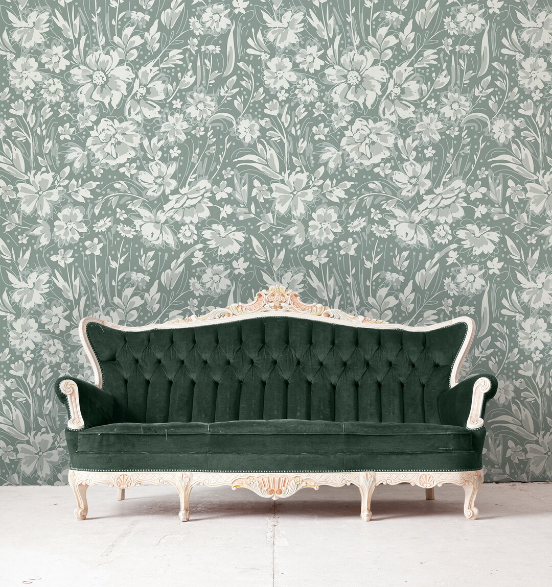 Vintage Green Botanical Wallpaper, Wall Mural With Flowers, Custom ...