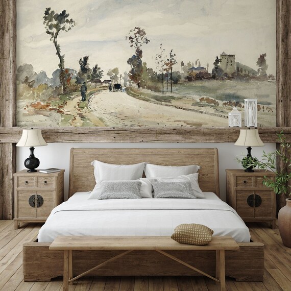 Rural Landscape Painting Wall Mural Vintage Wallpaper Self - Etsy
