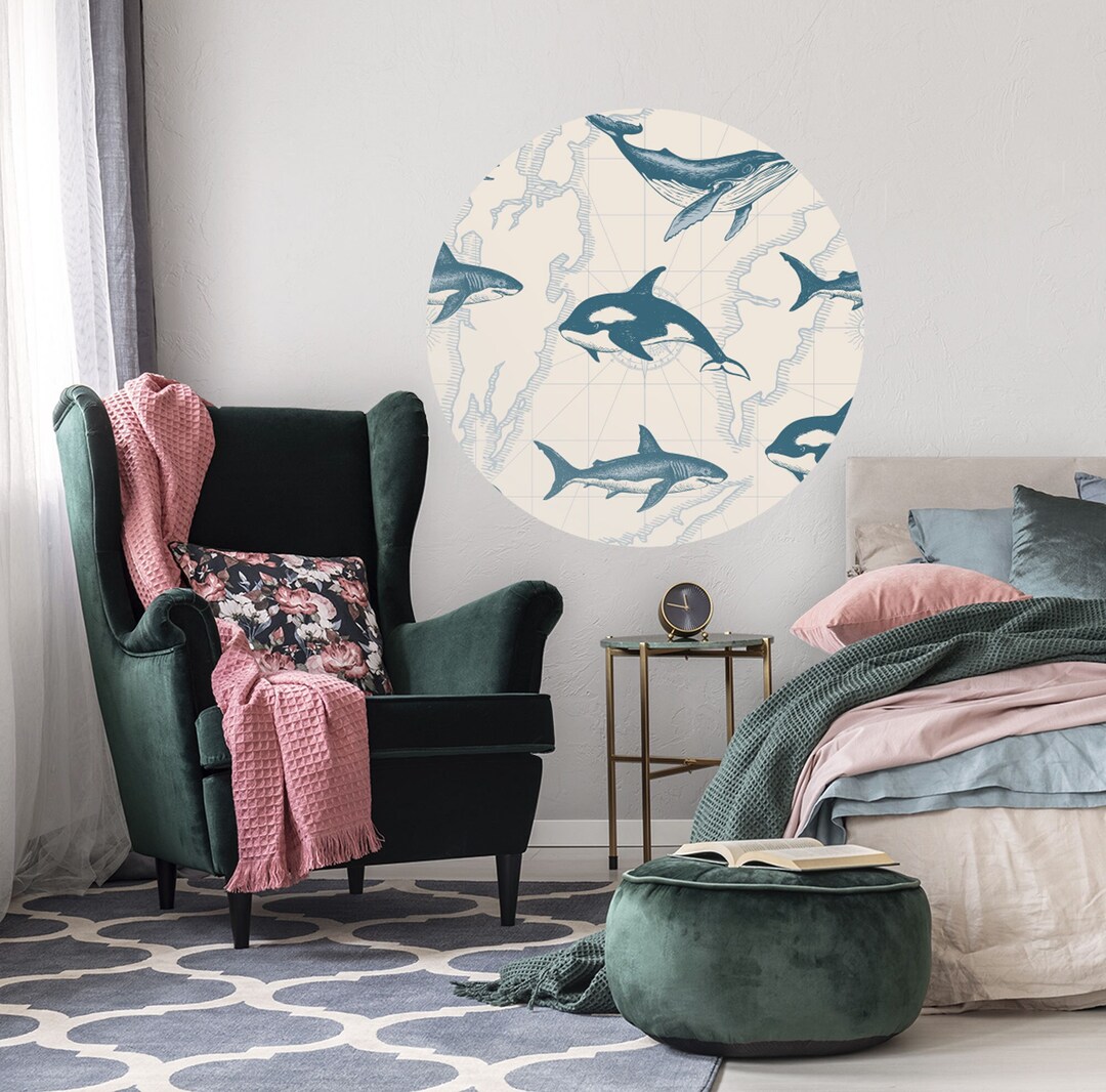 Wall Sticker With Whales, Old Map in Vintage Style, Self Adhesive Wall ...