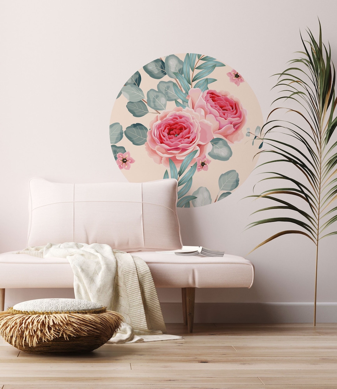 Circle Wall Sticker in Vintage Style, Pink Rose, Self Adhesive Wall ...