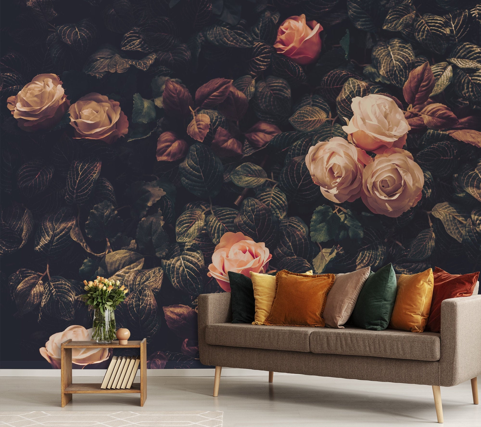 Peel and Stick Wallpaper Removable Wallpaper Dark Floral Wallpaper Wall ...
