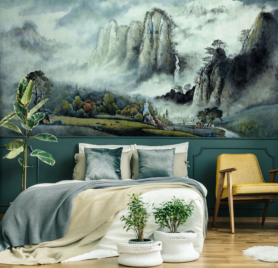 Chinese Landscape Wall Mural, Mountains and Waterfall, Self Adhesive ...