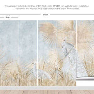 Tropical Wall Mural With White Peacocks, Self Adhesive Wallpaper ...