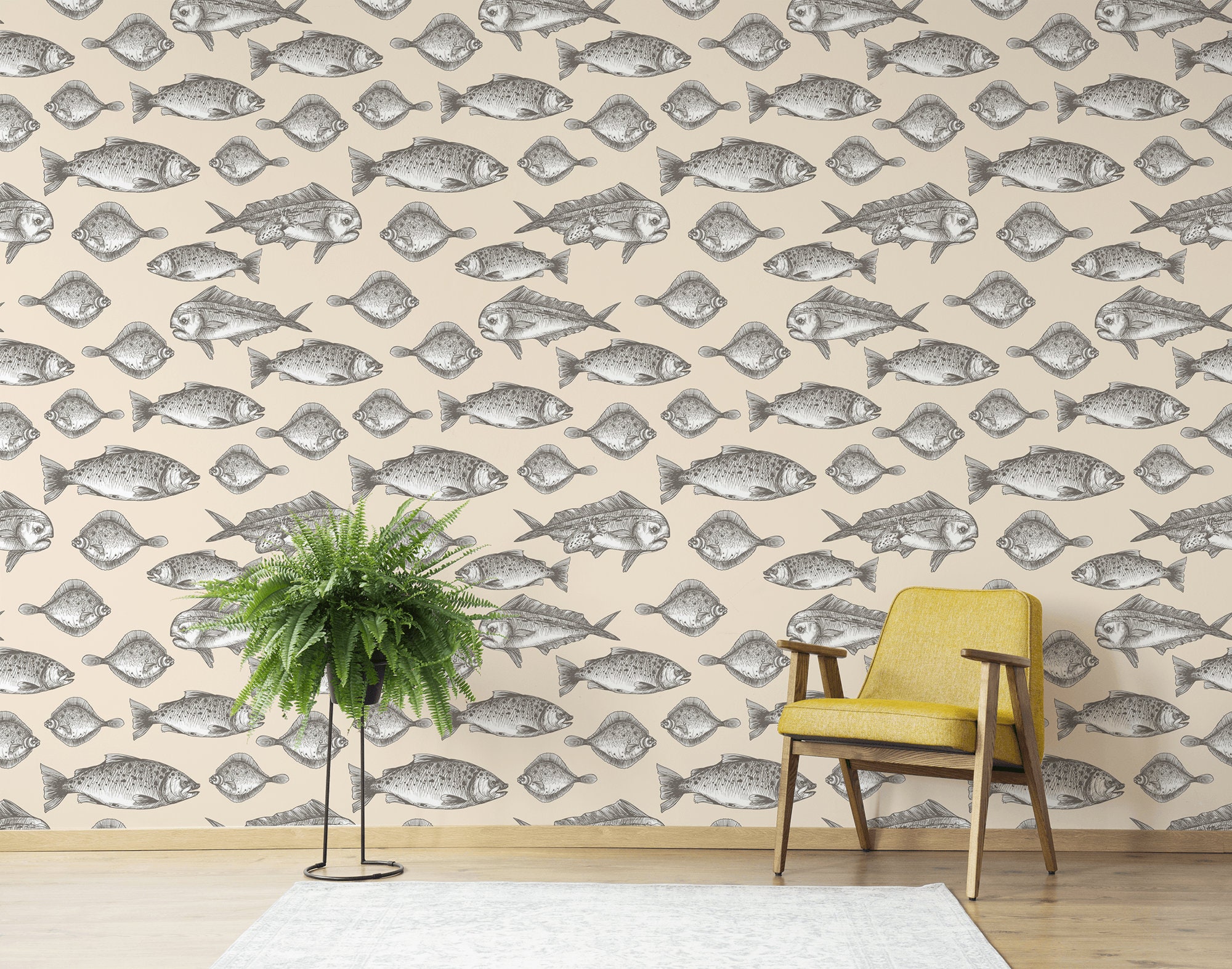 Fish Wallpaper With Hand Drawn Pattern Peel and Stick - Etsy