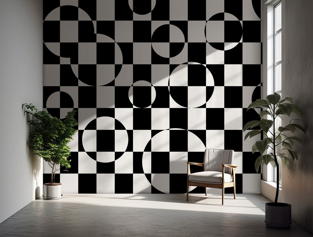 Black and White Wallpaper, Geometric Figures Pattern Wall Mural, Peel ...