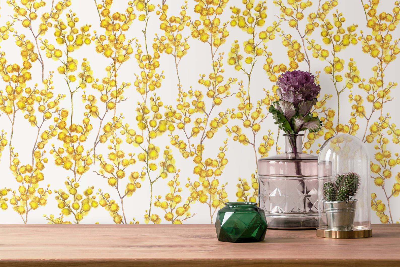 Yellow Mimosa Wallpaper, Peel and Stick Wall Mural, Watercolor Floral ...