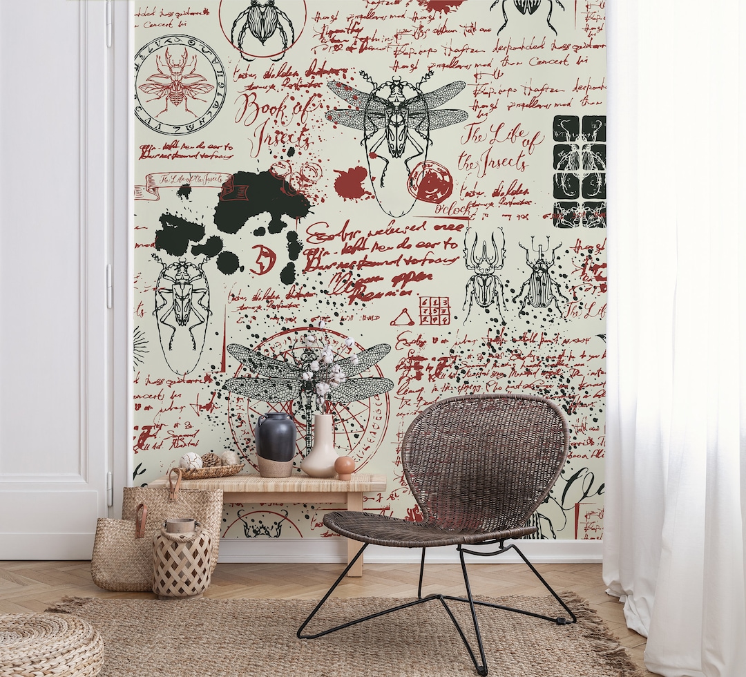 Retro Vintage Wallpaper With Insects and Inscriptions, Self Adhesive ...