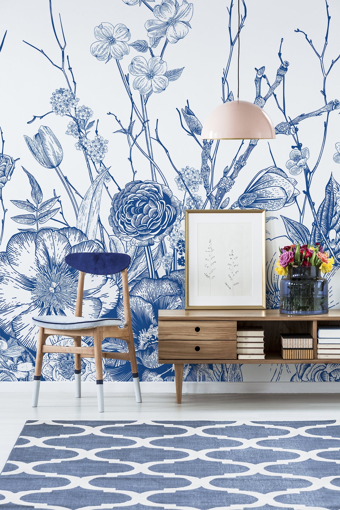 Blue Floral Wall Mural Peel and Stick Wallpaper Retro Wall | Etsy