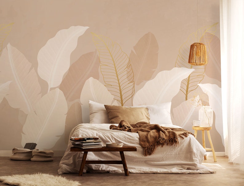Beige Leaves Wall Mural Self Adhesive Wallpaper Linature - Etsy