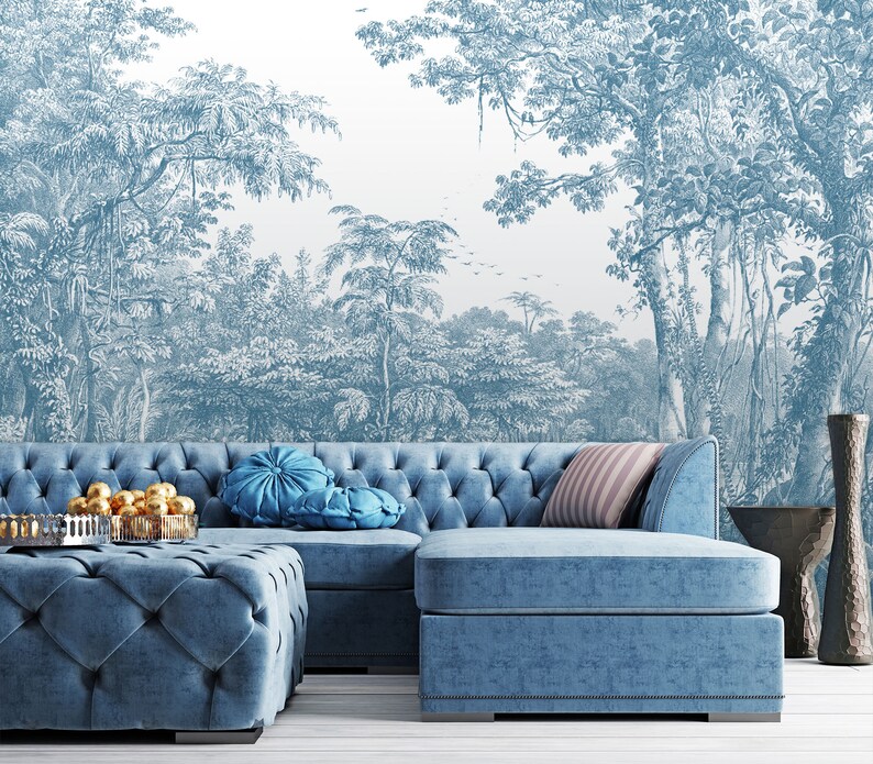 Tropical Landscape Wallpaper Blue Color Jungle Wall Mural - Etsy