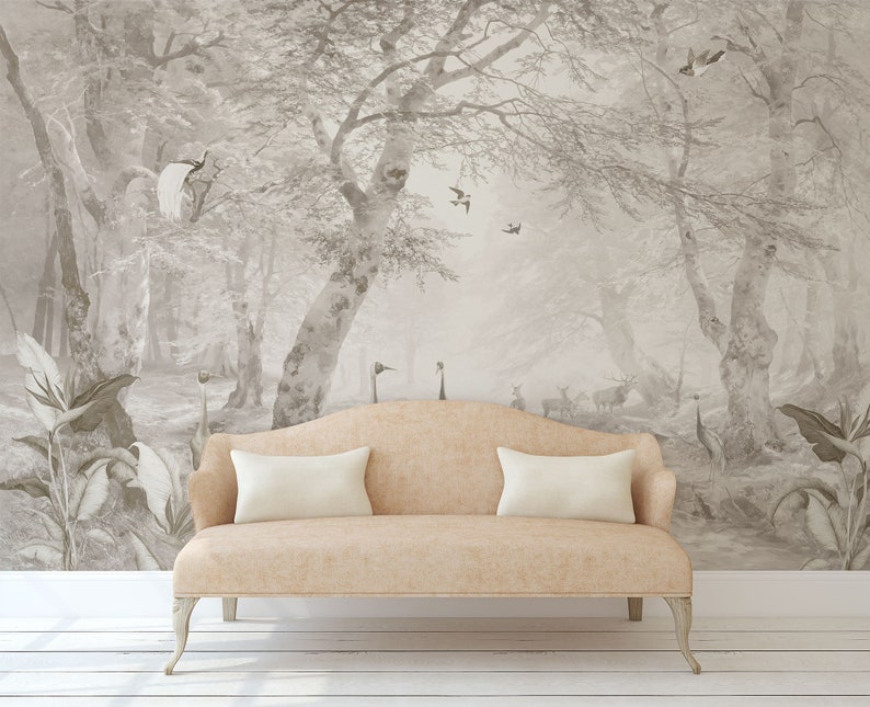 Vintage Jungle Wallpaper Forest and Tropical Animals Self - Etsy