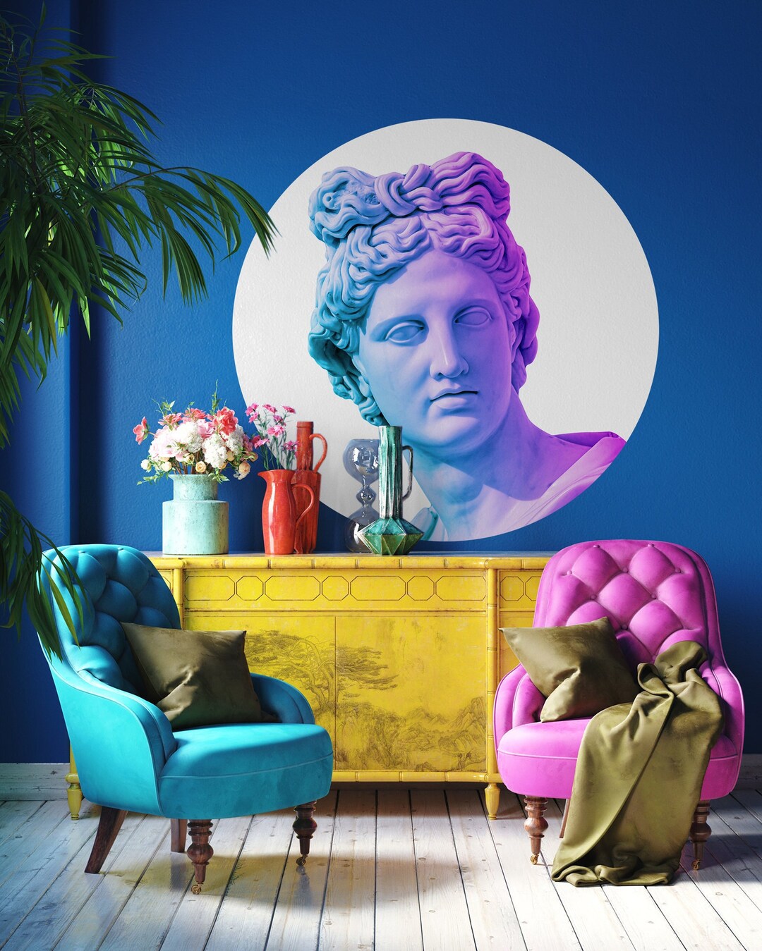Circle Shaped Wall Decal, Greek Statue of Apollo, Vintage Wall Decor ...