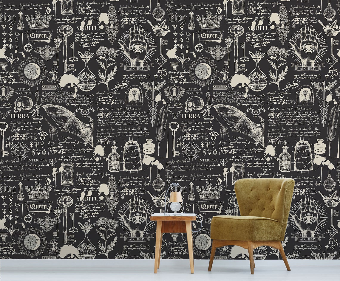 Vintage Wall Mural With Alchemy, Magic Pattern, Self Adhesive Wallpaper ...
