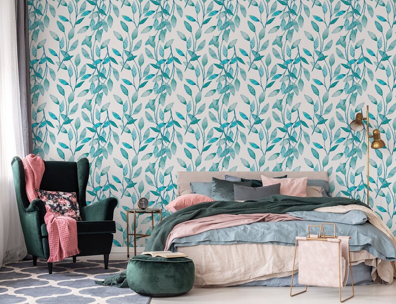 Botanical Wallpaper With Green Leaves, Peel and Stick Wall Mural ...