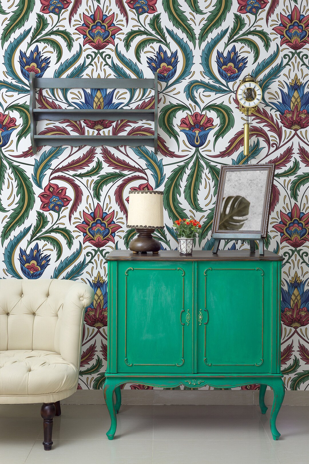 Folk Wallpaper With Floral Pattern, Peel and Stick Vintage Wall Mural ...