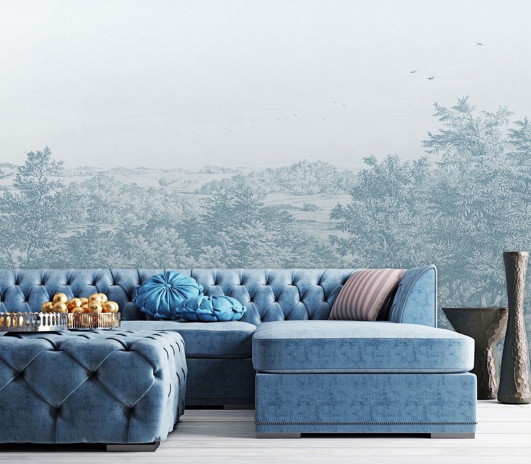 Blue Scenic Landscape Wallpaper, Tree Wallpaper, Art Wall Mural, Peel ...