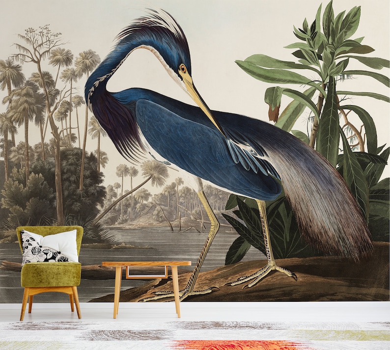 Blue Heron Wallpaper Mural Peel and Stick Vintage Removable - Etsy