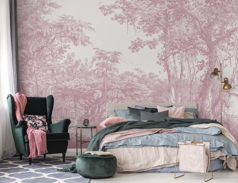 Tropical Landscape Wallpaper Pink Color Jungle Wall Mural - Etsy