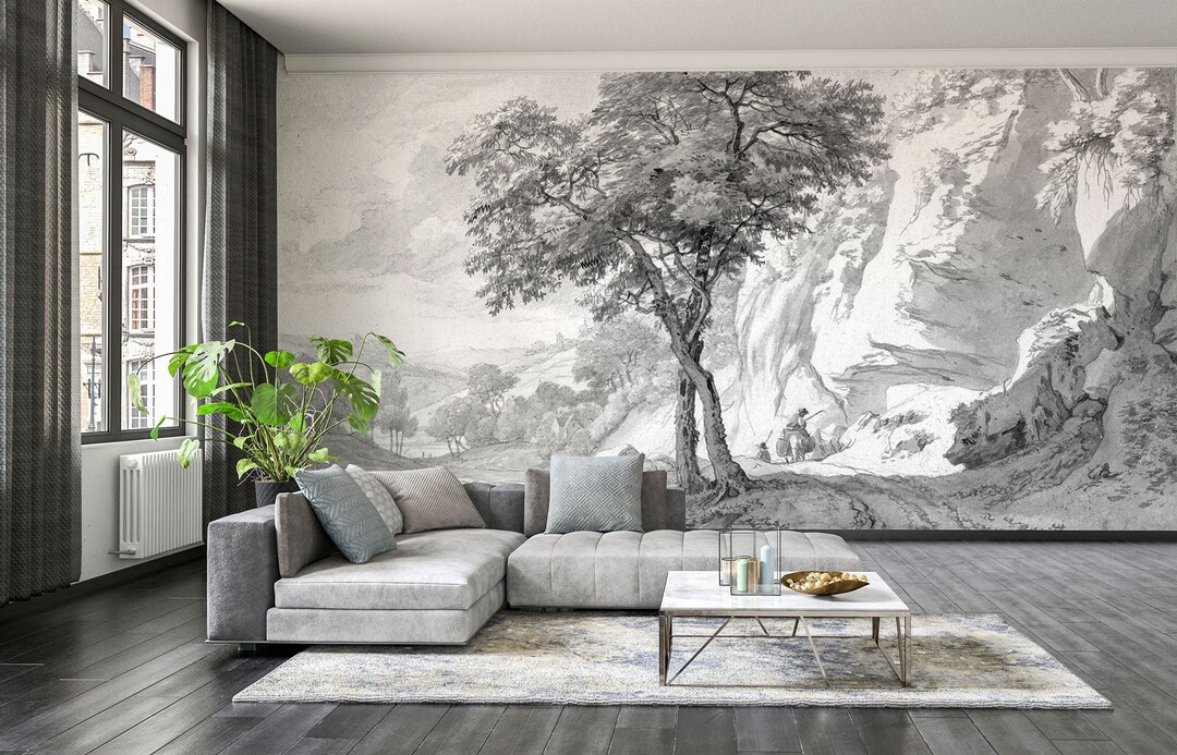 Mountain Trip Wall Mural, Old Landscape, Gray Wallpaper, Self Adhesive ...