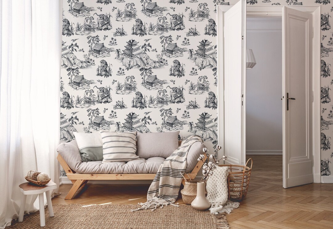 Chinoiserie Removable Wallpaper, Vintage Wallpaper, Hand Drawn Pattern ...