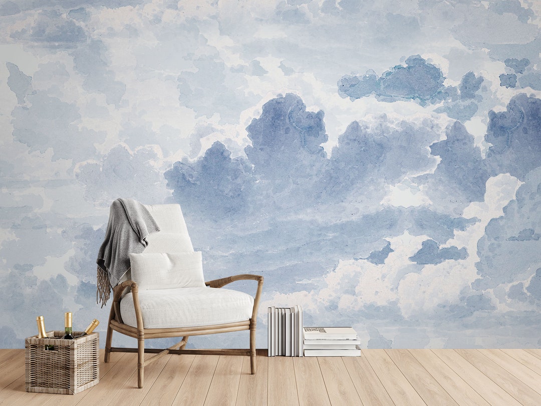 Blue Cloud Wallpaper, Watercolor Wall Mural, Vintage Art Wall Mural ...