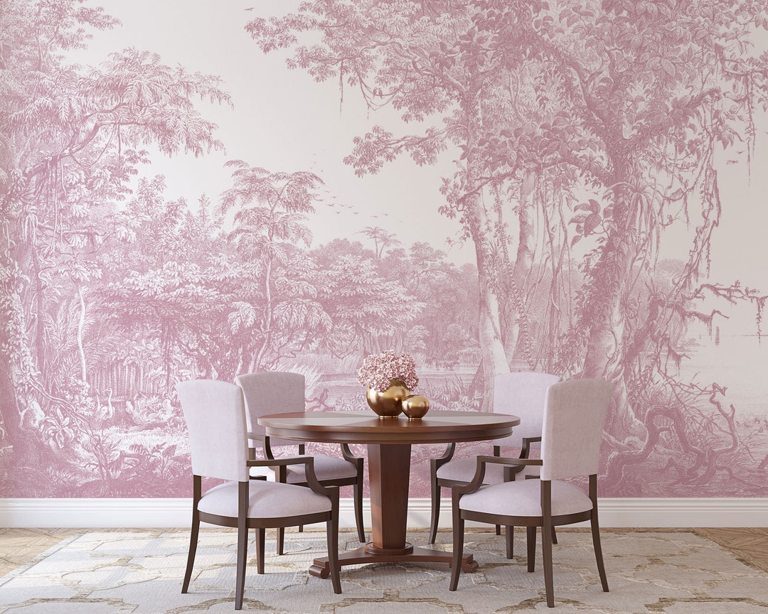 Tropical Landscape Wallpaper, Pink Color Jungle Wall Mural, Peel and ...