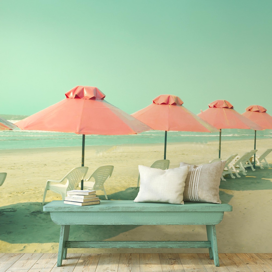 Vintage Umbrellas Wallpaper, Beach Wall Mural,retro Decor, Wall Art ...