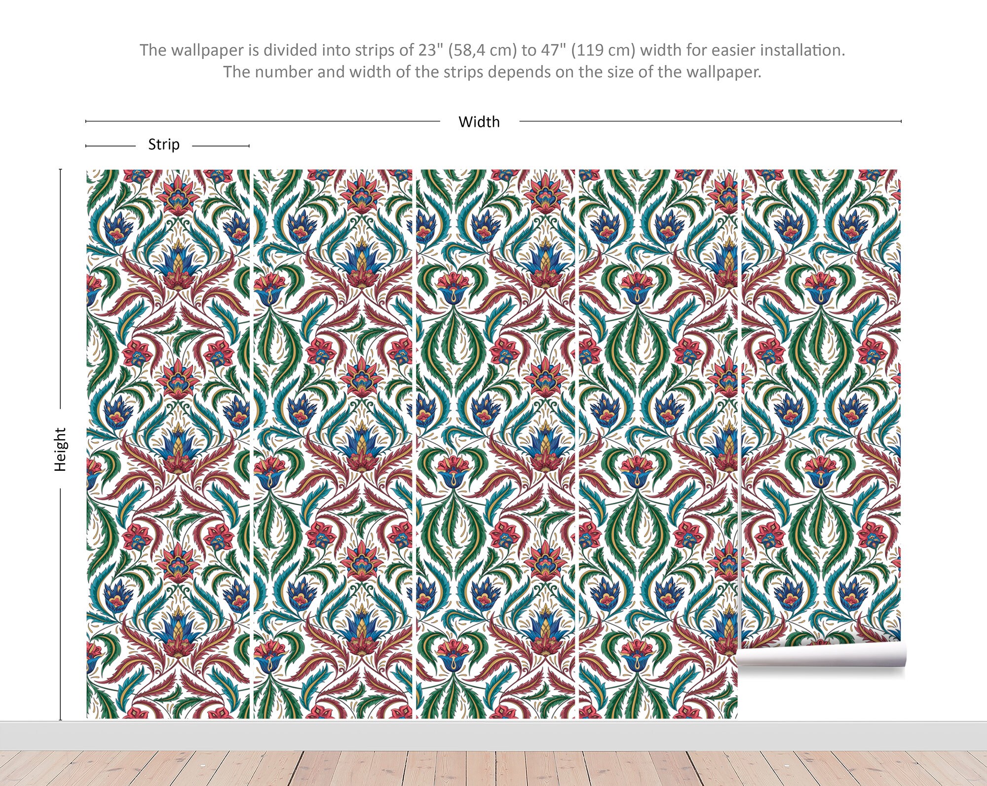 Folk Wallpaper With Floral Pattern, Peel and Stick Vintage Wall Mural ...