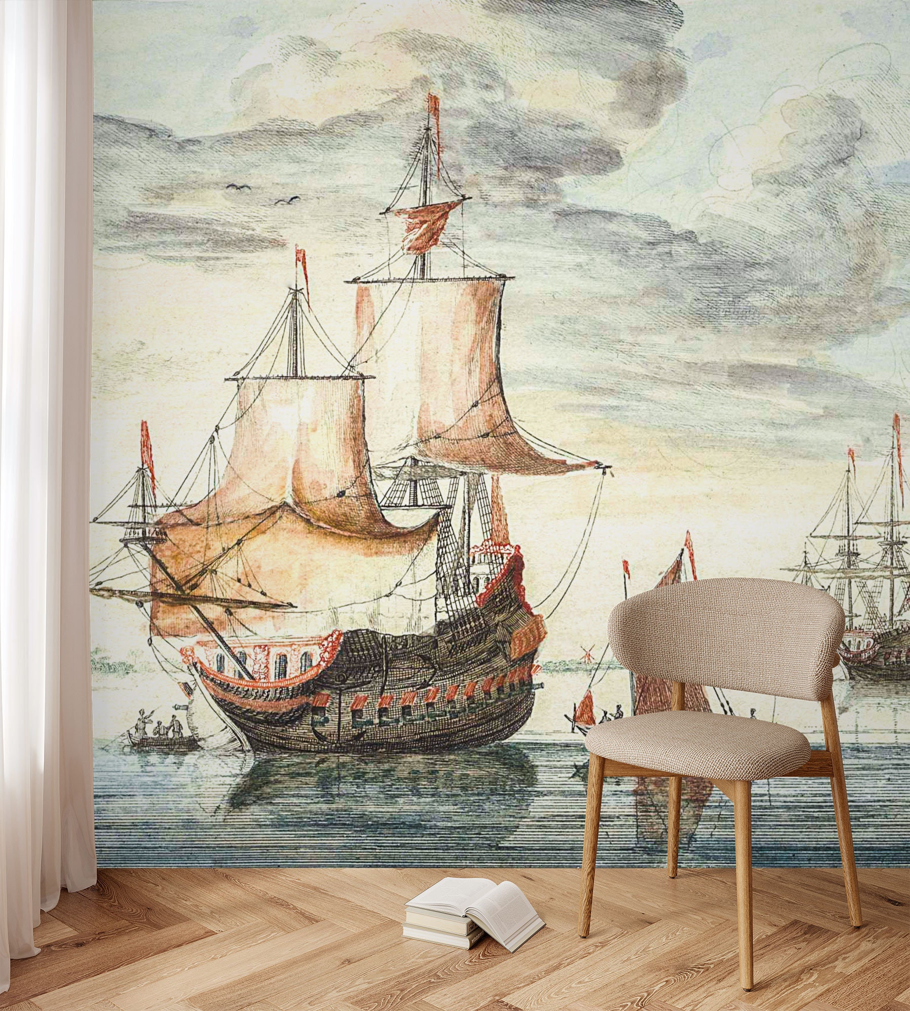 Seascape Wallpaper, Old Ships at Sea, Landscape Wallpaper, Vintage Art ...