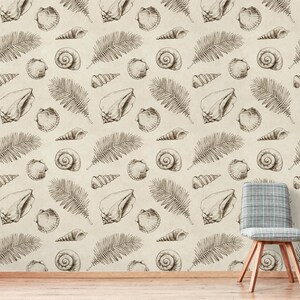 Vintage Wallpaper With Shells, Peel and Stick Wall Mural, Drawing ...