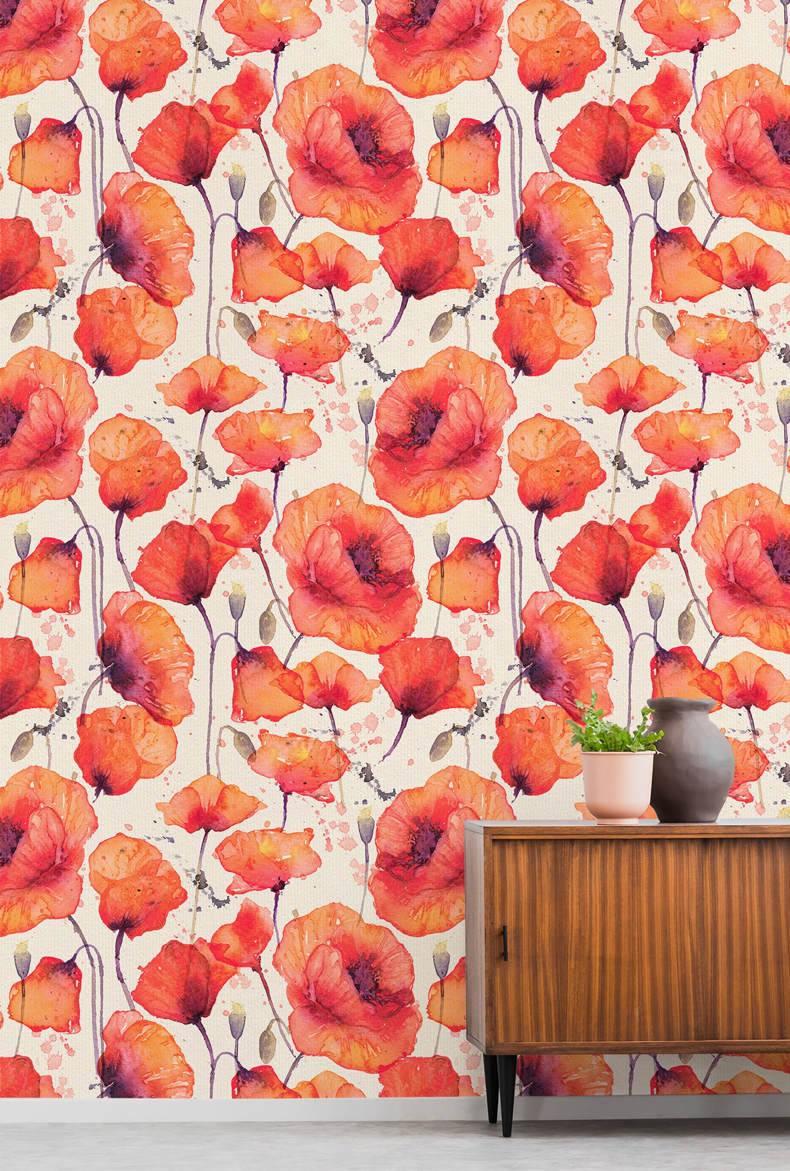 Watercolor Poppy Wallpaper, Vintage Peel and Stick Wallpaper, Retro ...