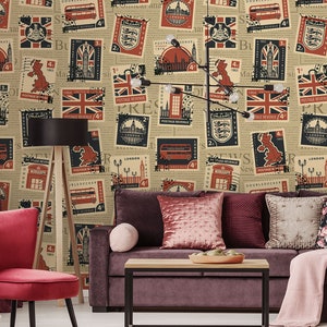Retro Style Wall Mural, Self Adhesive Wallpaper, Postal Stamps and ...