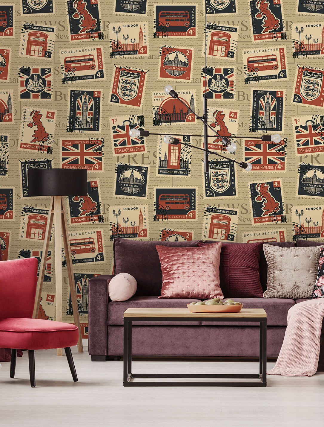 Retro Style Wall Mural, Self Adhesive Wallpaper, Postal Stamps and ...
