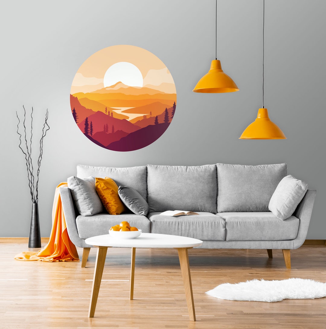 Vintage Circle Wall Sticker, Mountain Landscape, Self Adhesive Wall ...