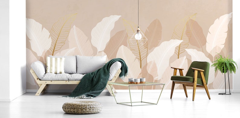 Beige Leaves Wall Mural Self Adhesive Wallpaper Linature - Etsy
