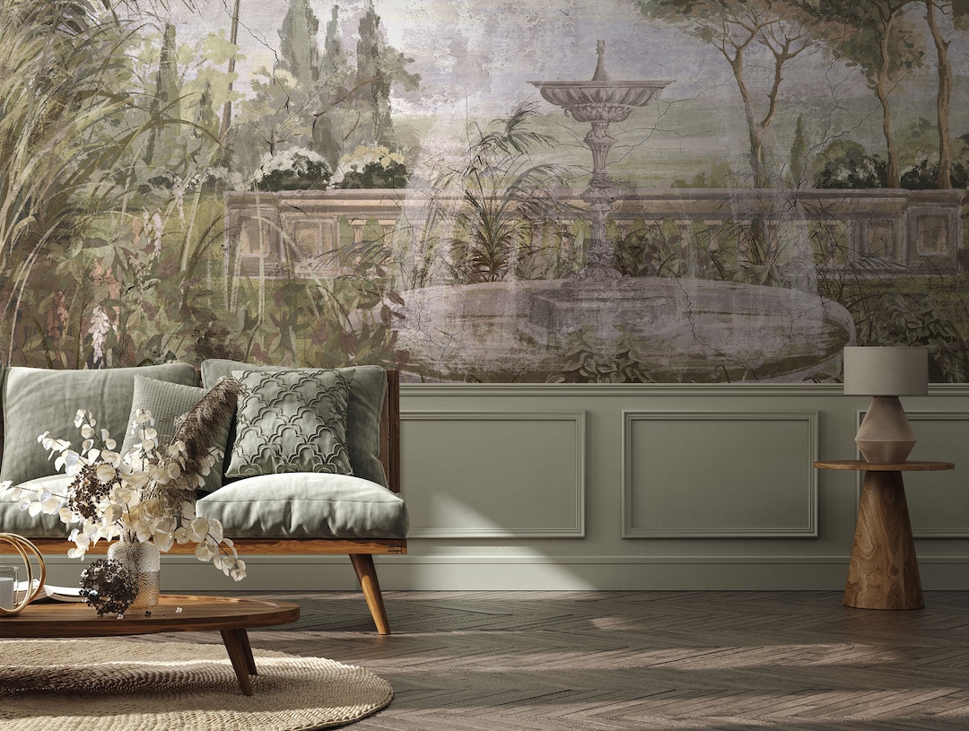 Fountain Landscape Wall Mural, Vintage Wallpaper, Self Adhesive, Peel ...