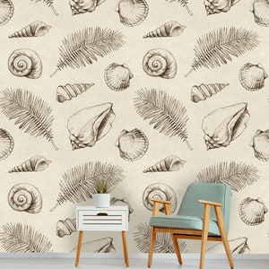 Vintage Wallpaper With Shells, Peel and Stick Wall Mural, Drawing ...
