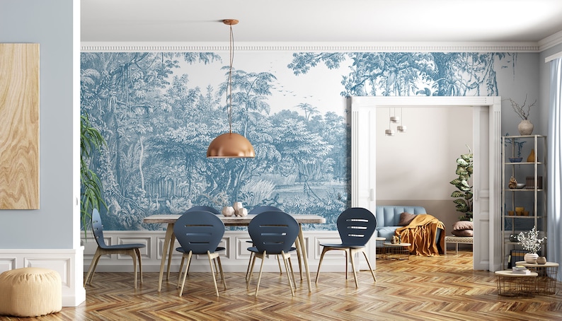 Tropical Landscape Wallpaper Blue Color Jungle Wall Mural - Etsy