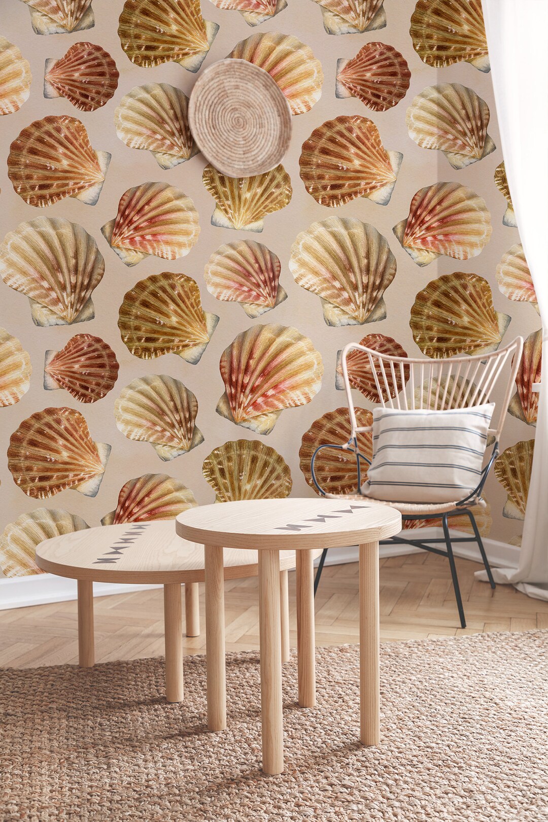 Shell Vintage Wallpaper With Watercolor Pattern, Self Adhesive, Peel ...