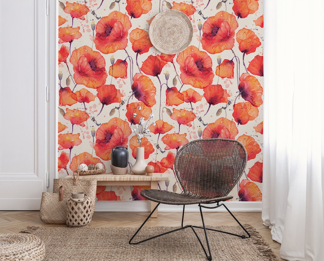 Watercolor Poppy Wallpaper, Vintage Peel and Stick Wallpaper, Retro ...