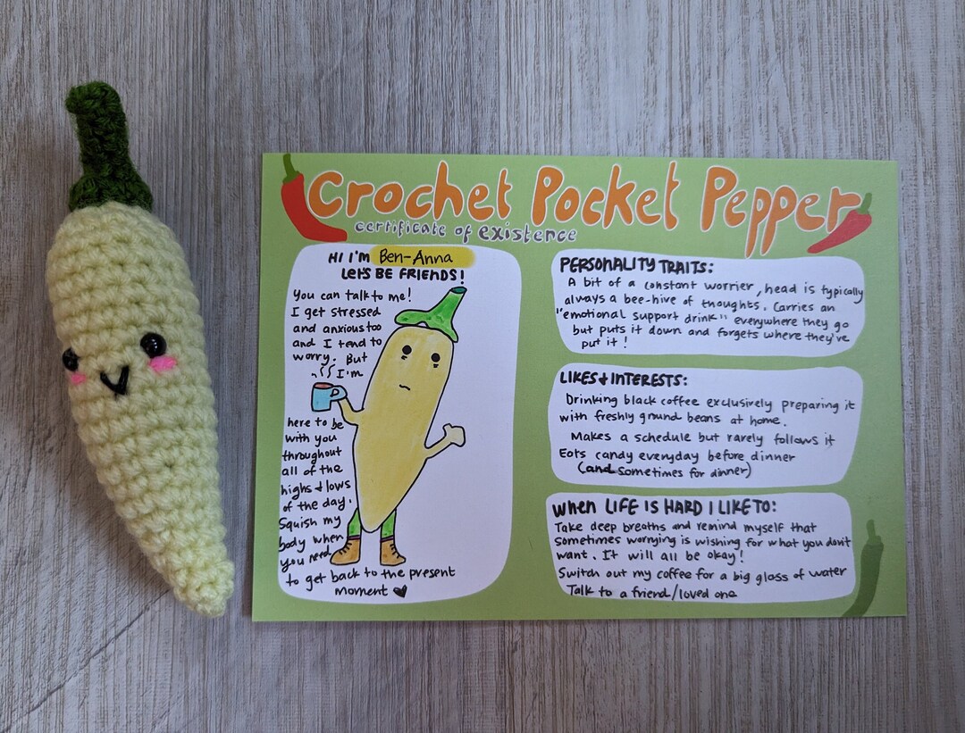 Crochet Pocket Pepper, Emotional Support, Stress Friend - Etsy