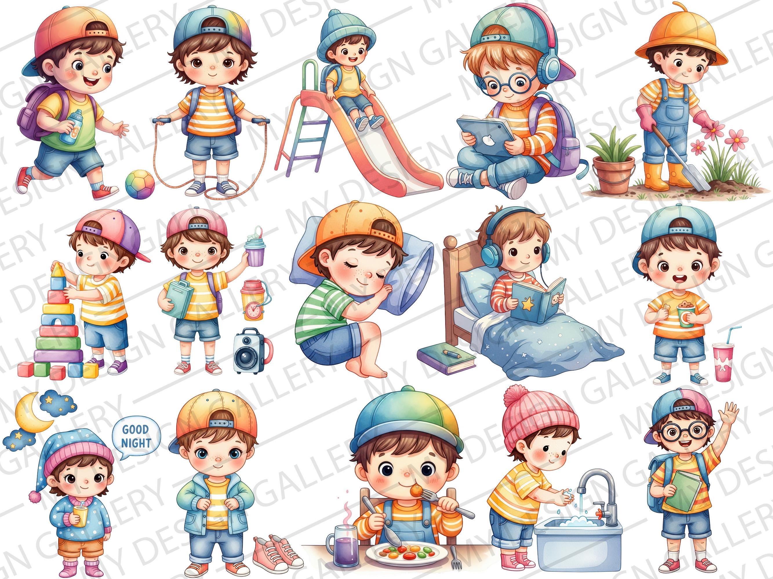Kids Daily Life Watercolor Clipart Bundle, School, Home (70 PNG ...