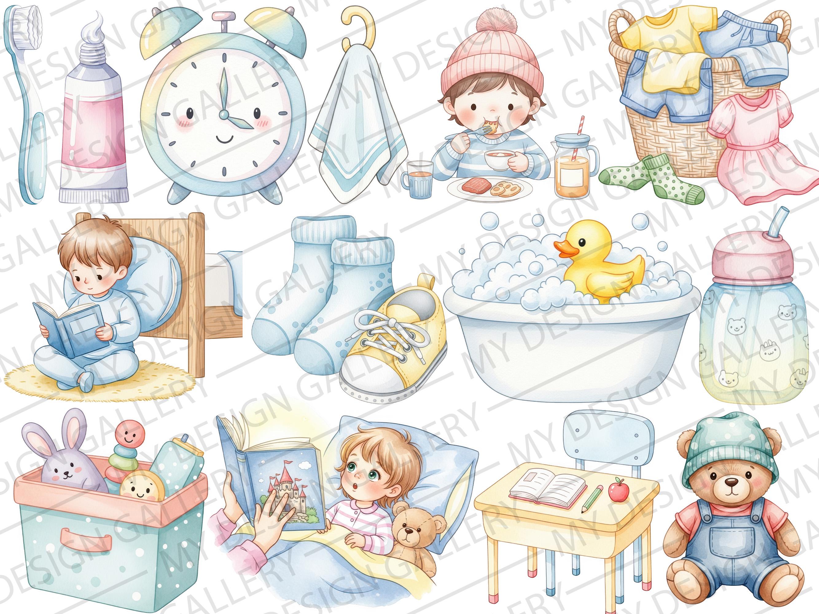 Watercolor Kids Daily Routine Clipart Bundle, School & Home PNG ...