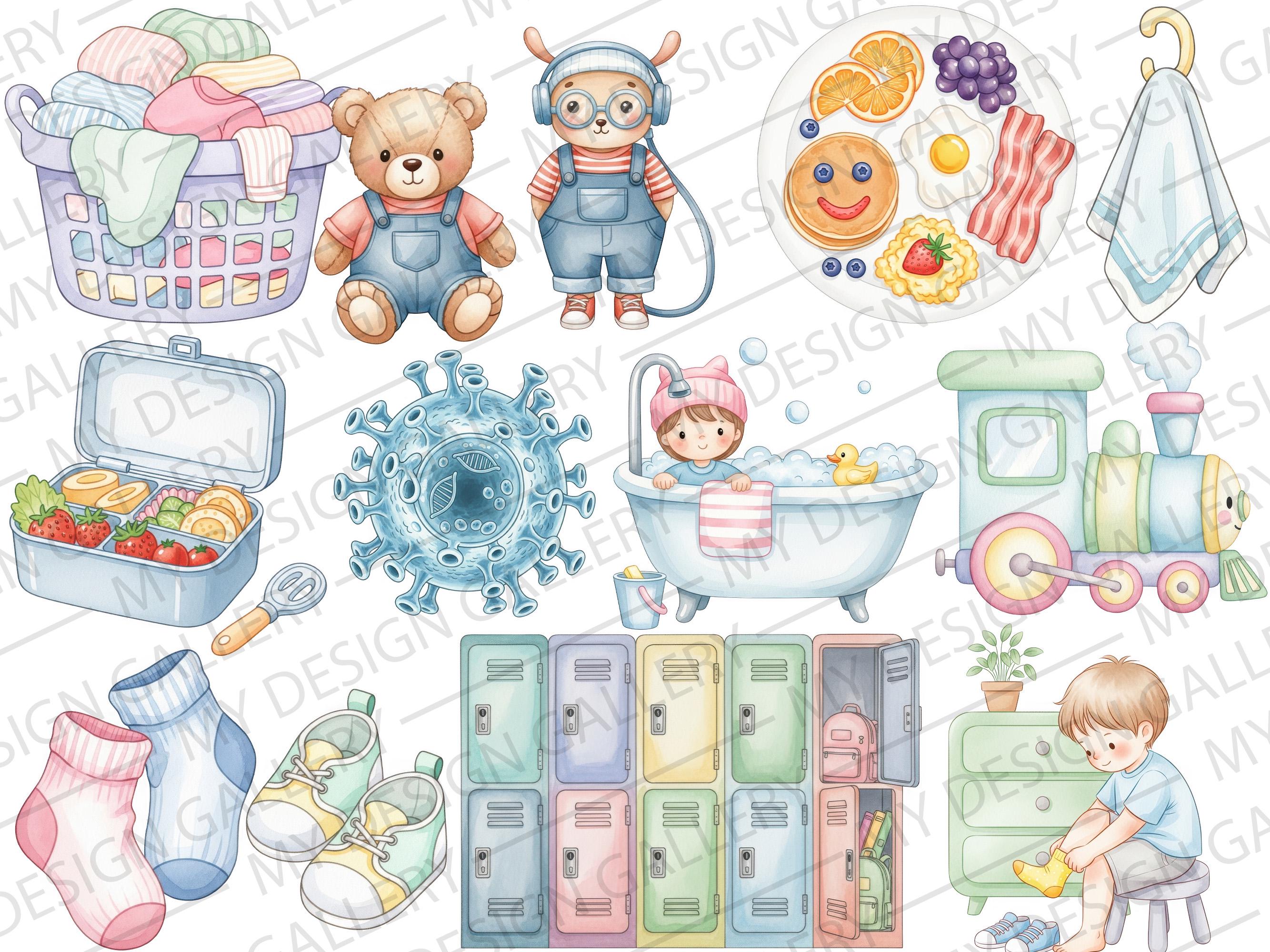 Watercolor Kids Daily Routine Clipart Bundle, School & Home PNG ...