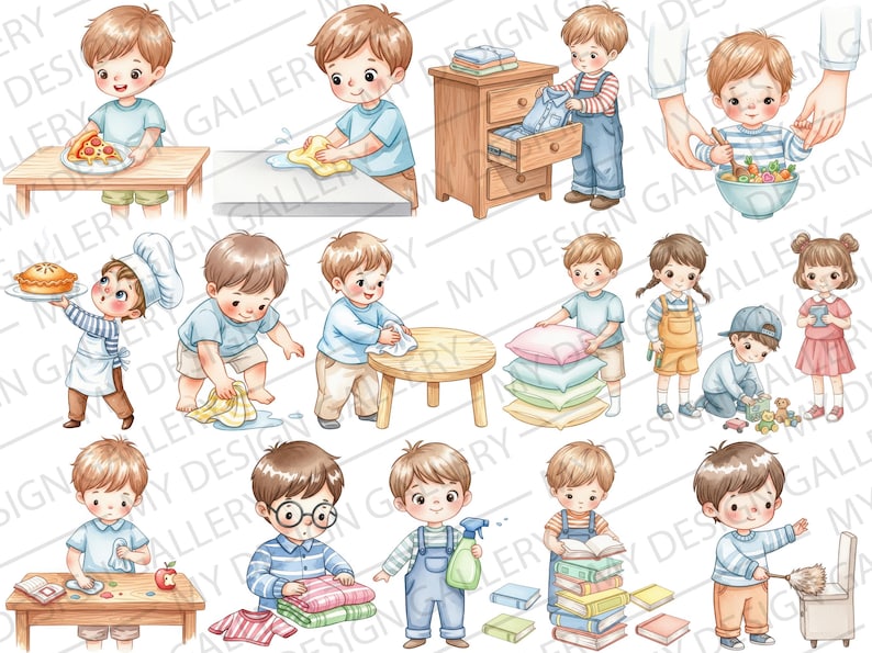 Kids Chores Watercolor Clipart Bundle, Preschool Routine PNG Graphics ...