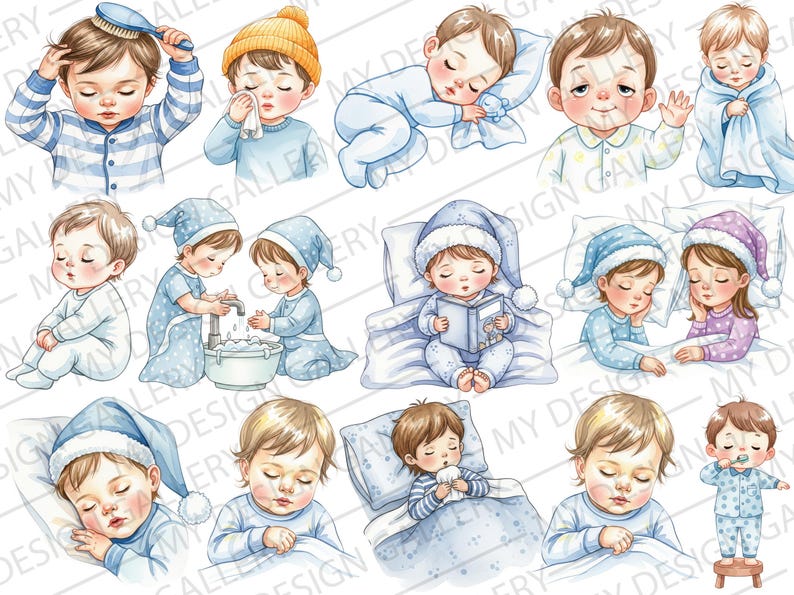 Bedtime Kids Clipart Bundle Watercolor Sleep Routine Nursery PNG ...