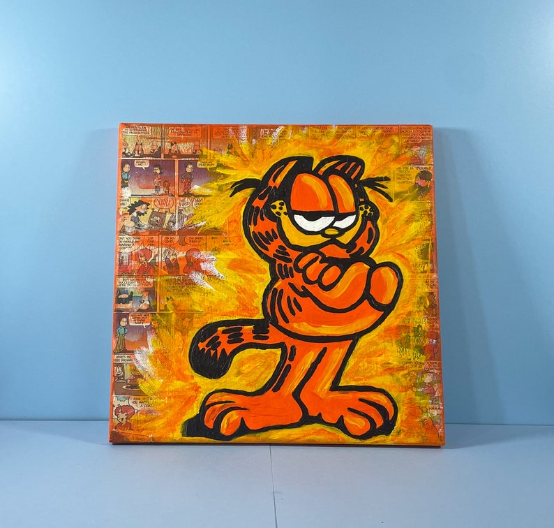 Handmade Garfield Painting on Newspaper and Stretched Canvas 12 by 12 ...