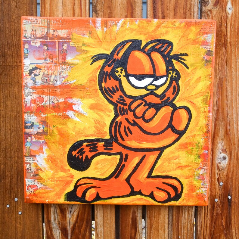 Handmade Garfield Painting on Newspaper and Stretched Canvas 12 by 12 ...